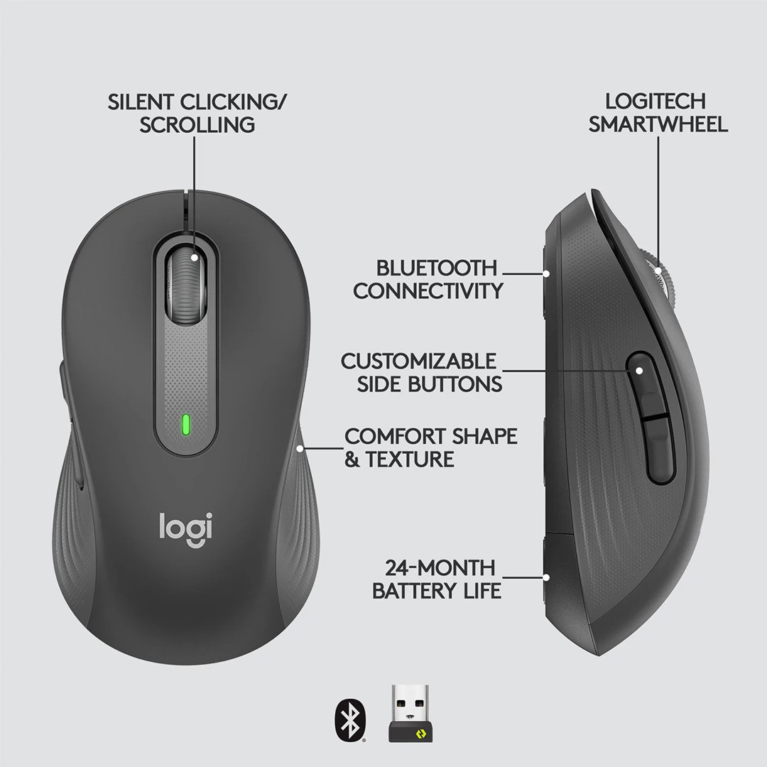 Logitech M650 trådlös mus med Bluetooth och USB-Logi Bolt (grafit)